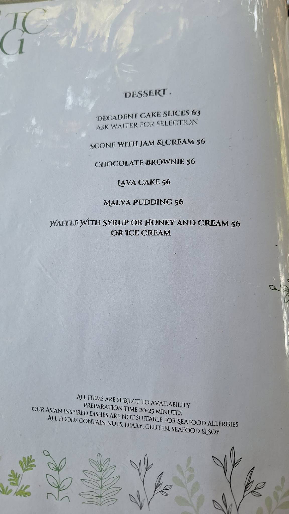 Menu at The Chocolate Garden restaurant, Verulam