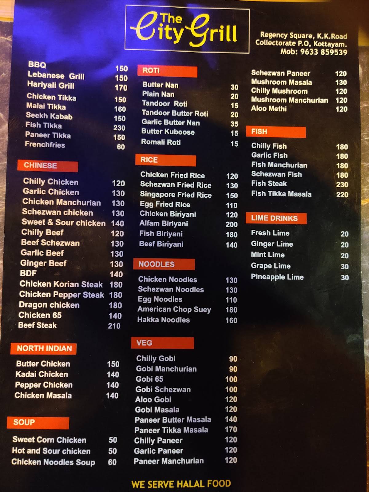 Menu at The City Grill Restaurant, Kottayam