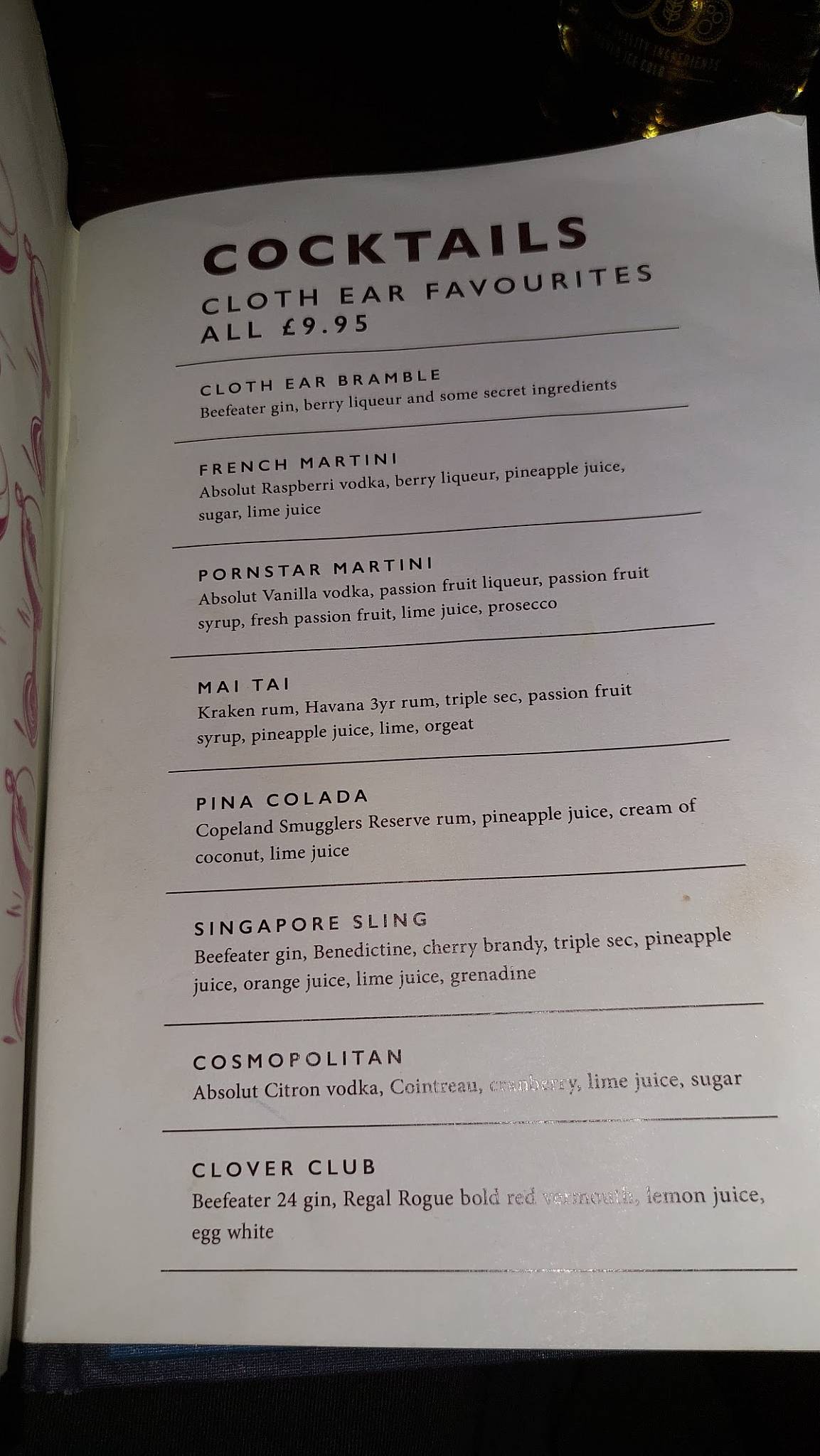 Menu at The Cloth Ear pub & bar, Belfast