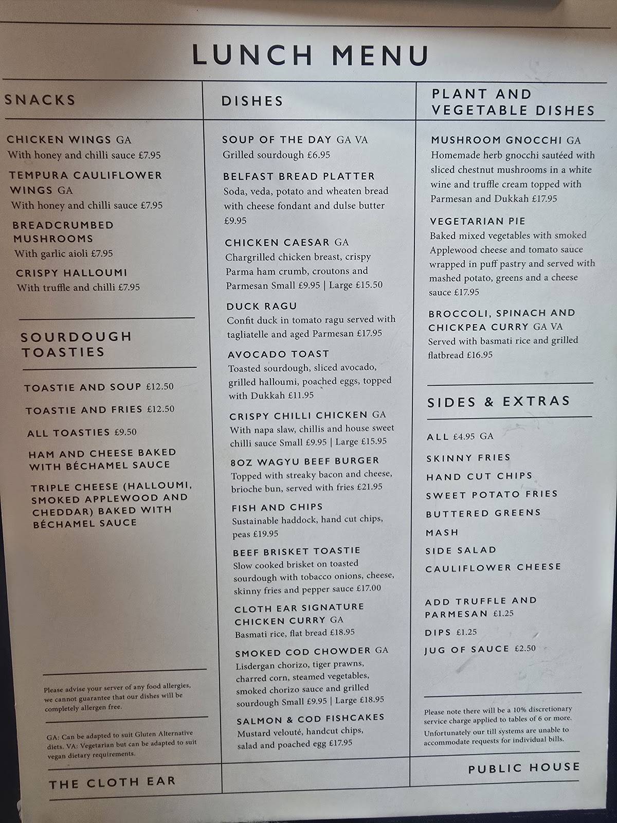 Menu at The Cloth Ear pub & bar, Belfast
