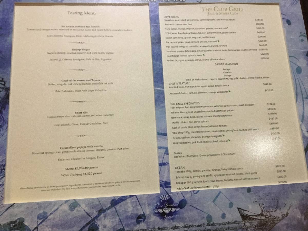 Menu at The Club Grill, Cancún