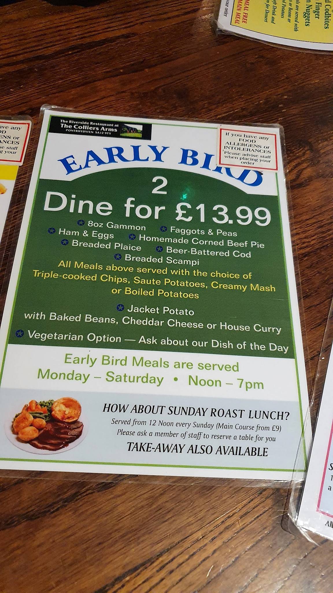 Menu at The Colliers Arms pub & bar, Port Talbot