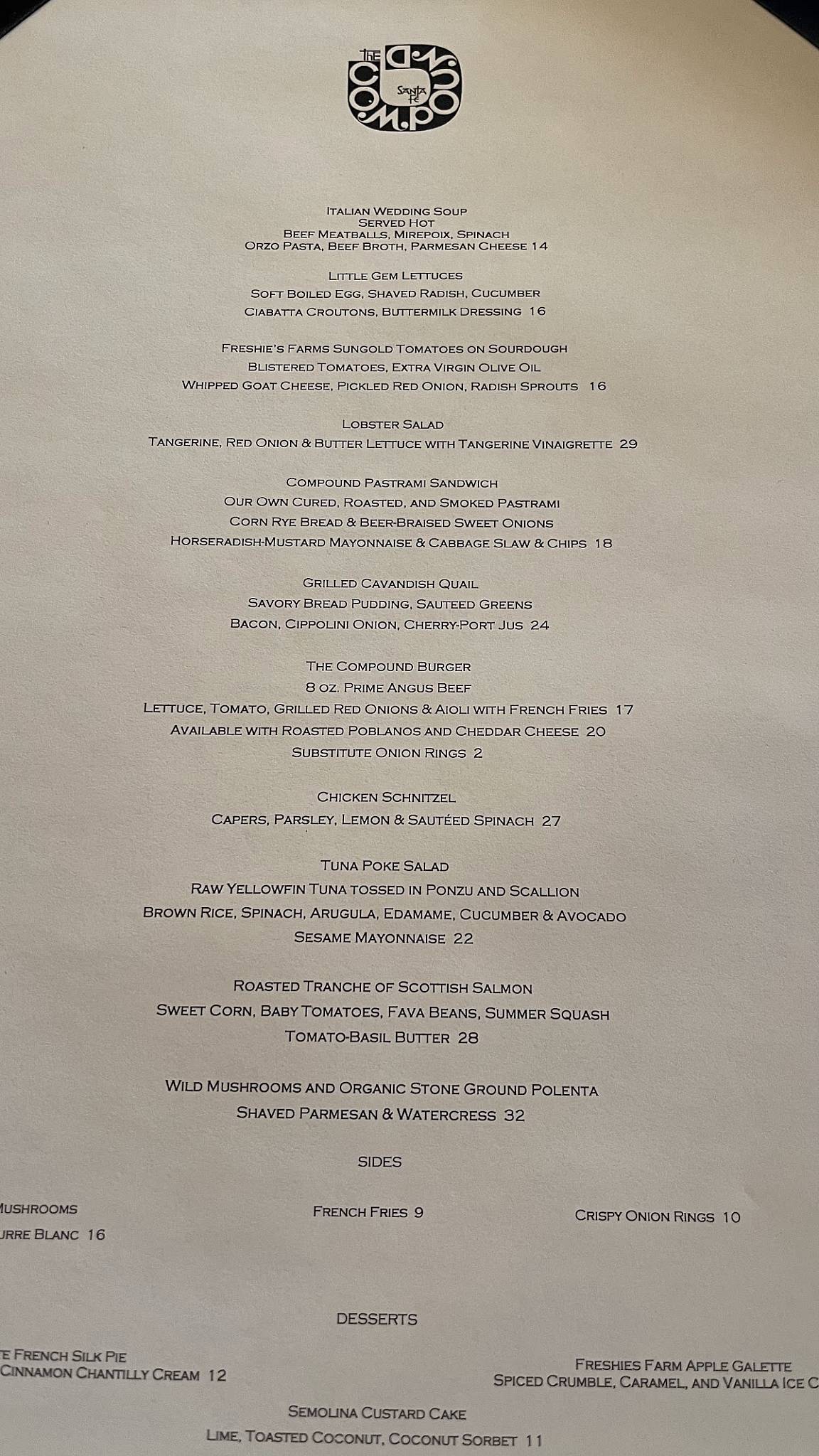Menu at The Compound Restaurant, Santa Fe