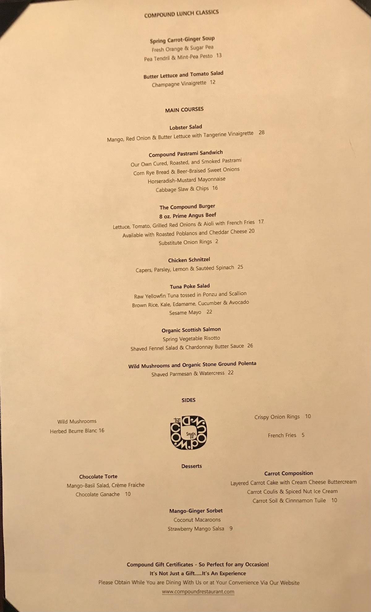 Menu at The Compound Restaurant, Santa Fe