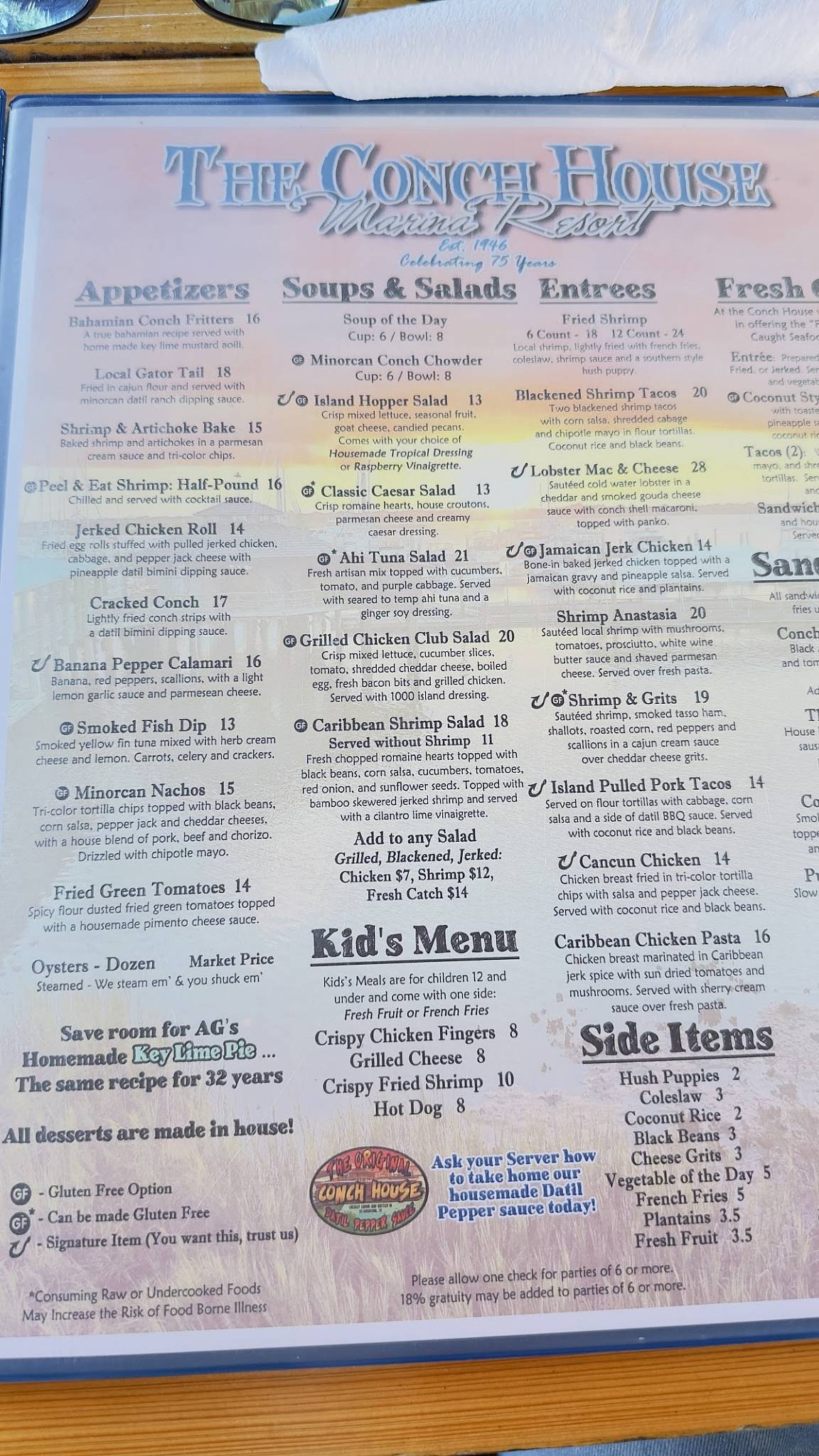 Menu at The Conch House Restaurant, St. Augustine, 57 Comares Ave
