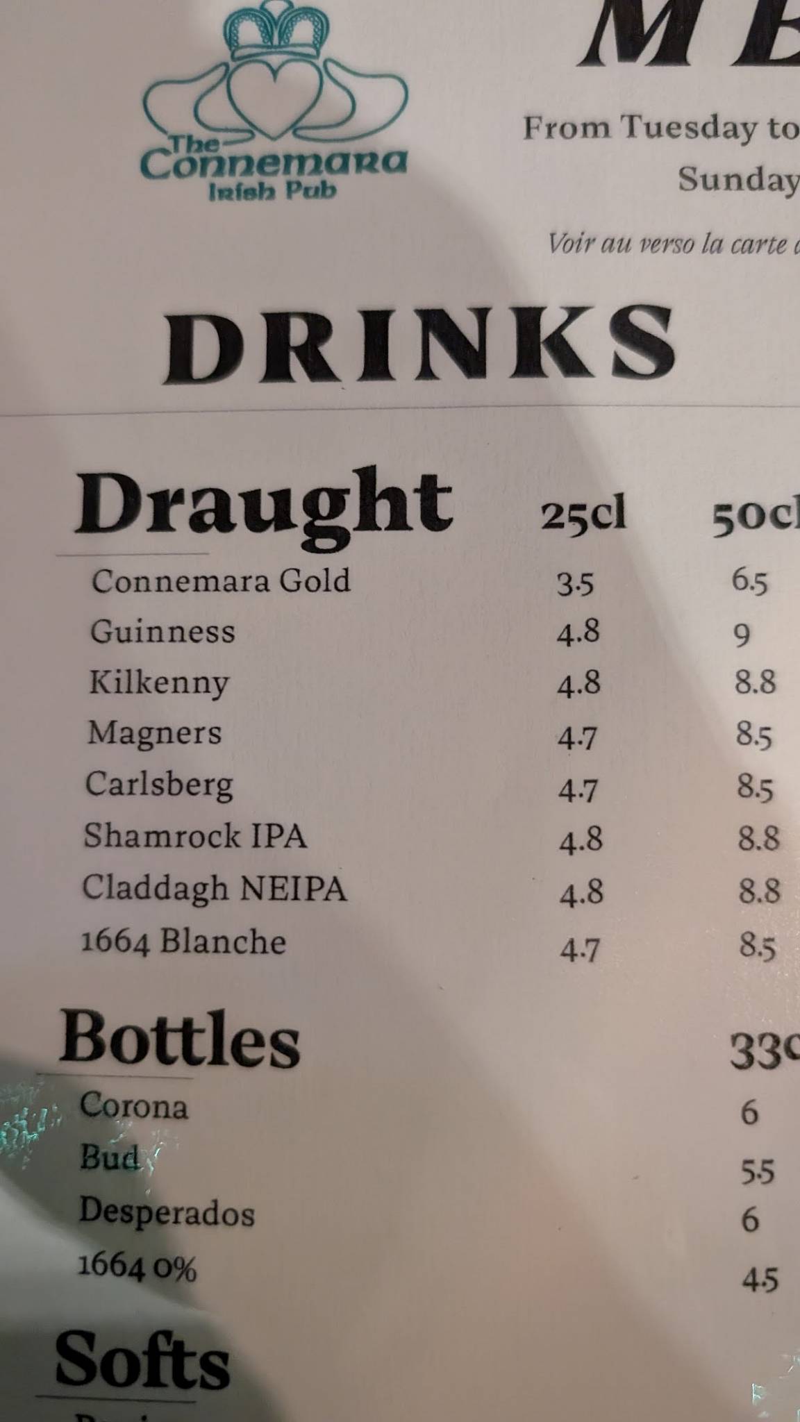 Menu au The Connemara Irish Pub, Bordeaux, 18 Cr d'Albret