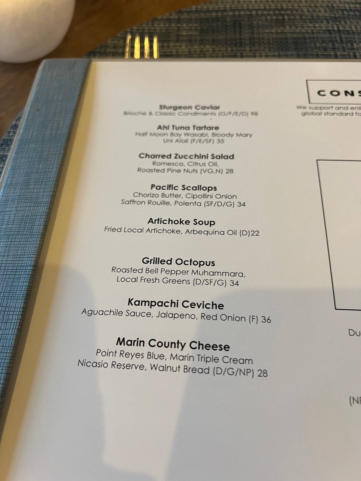Menu at The Conservatory restaurant, Half Moon Bay