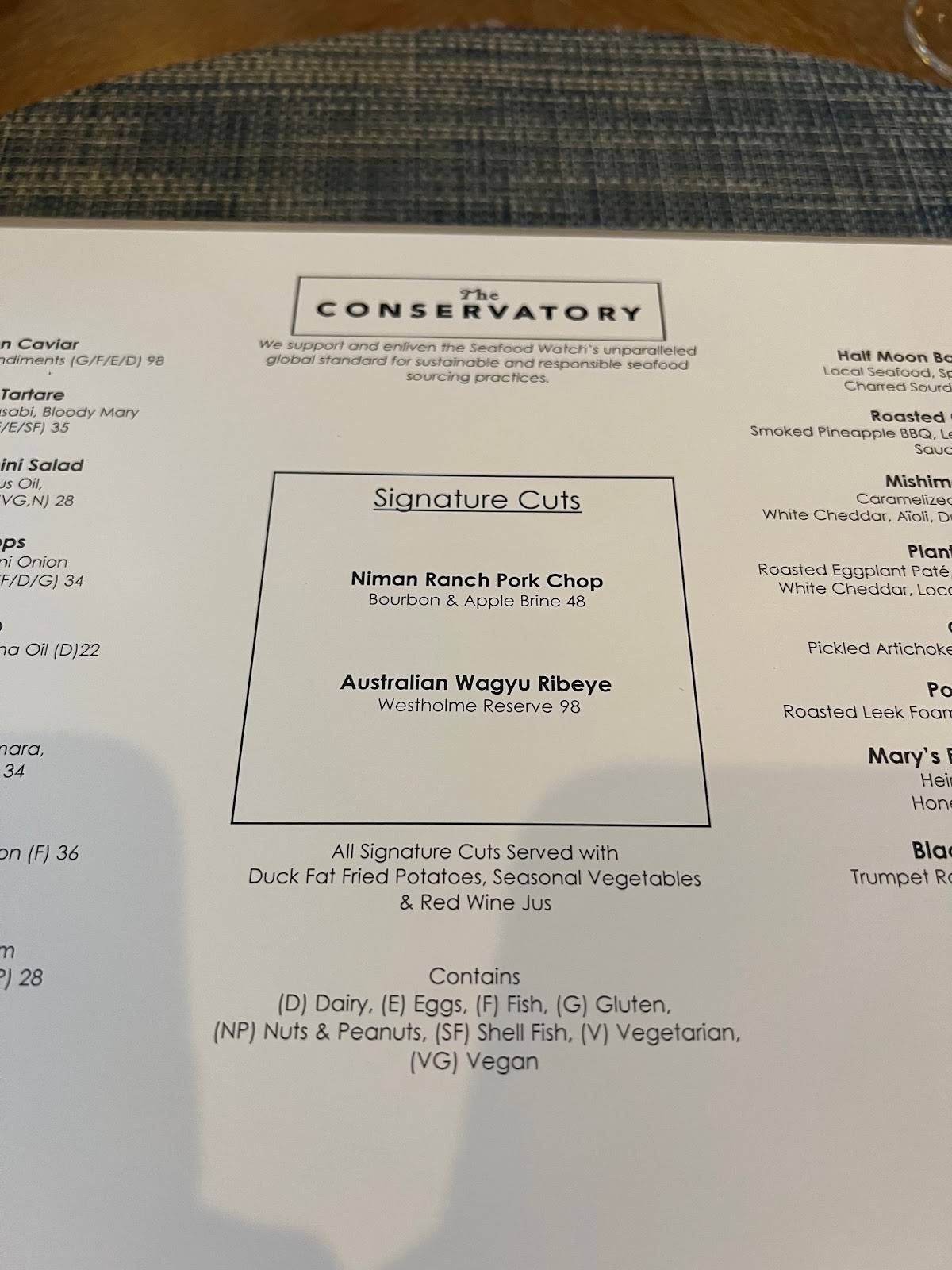 Menu at The Conservatory restaurant, Half Moon Bay