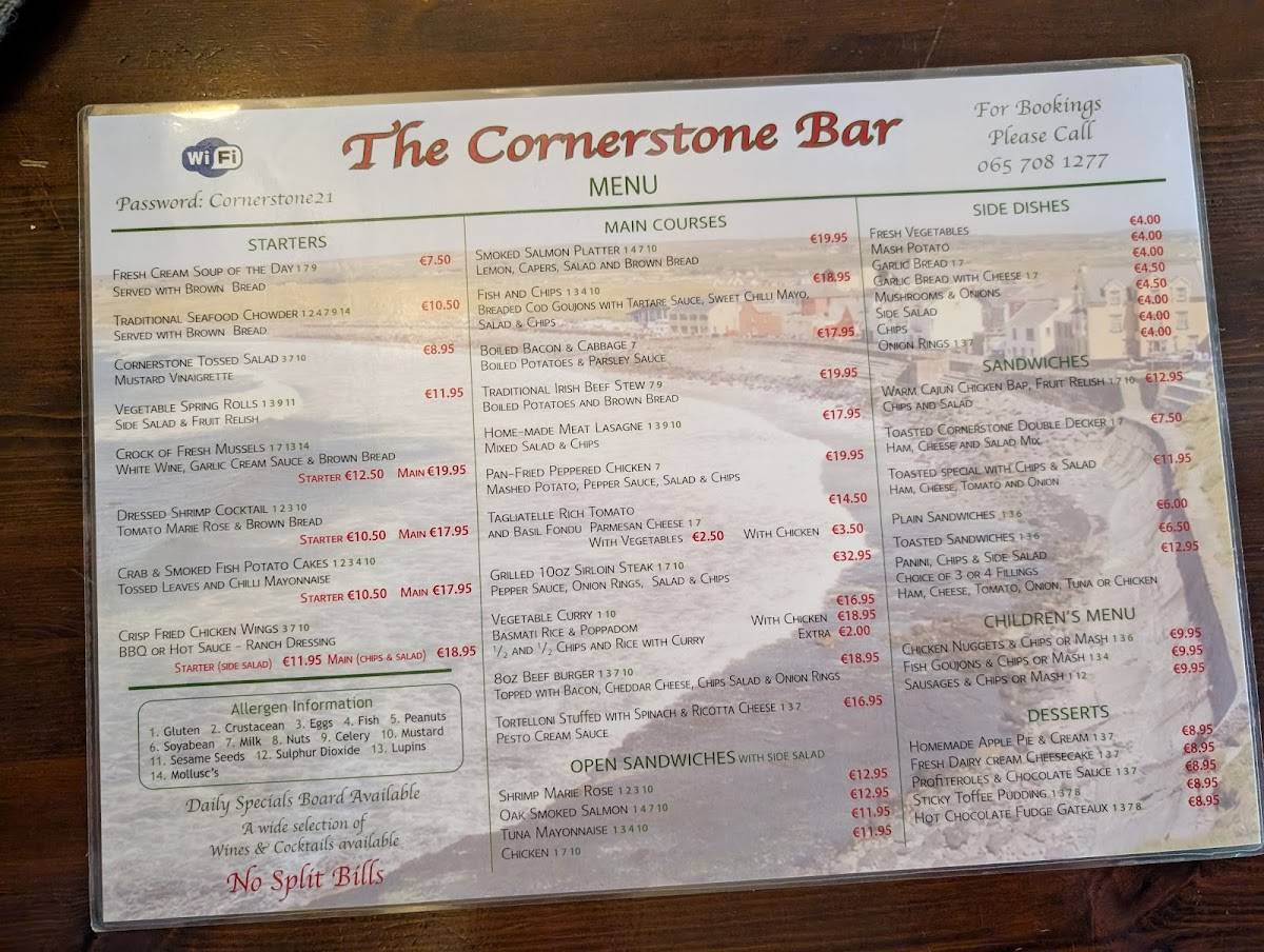 Menu at The Corner Stone Bar and Restaurant, Lahinch