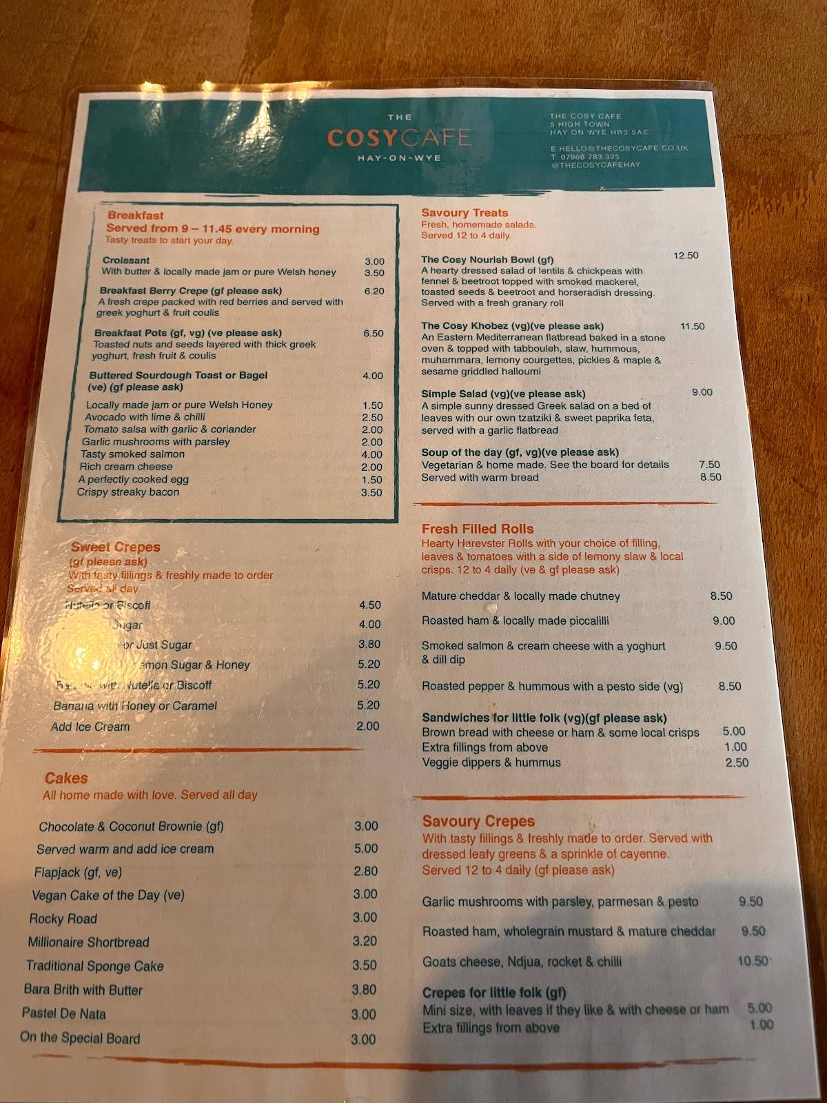 Menu at The Cosy Cafe, Hay-on-Wye