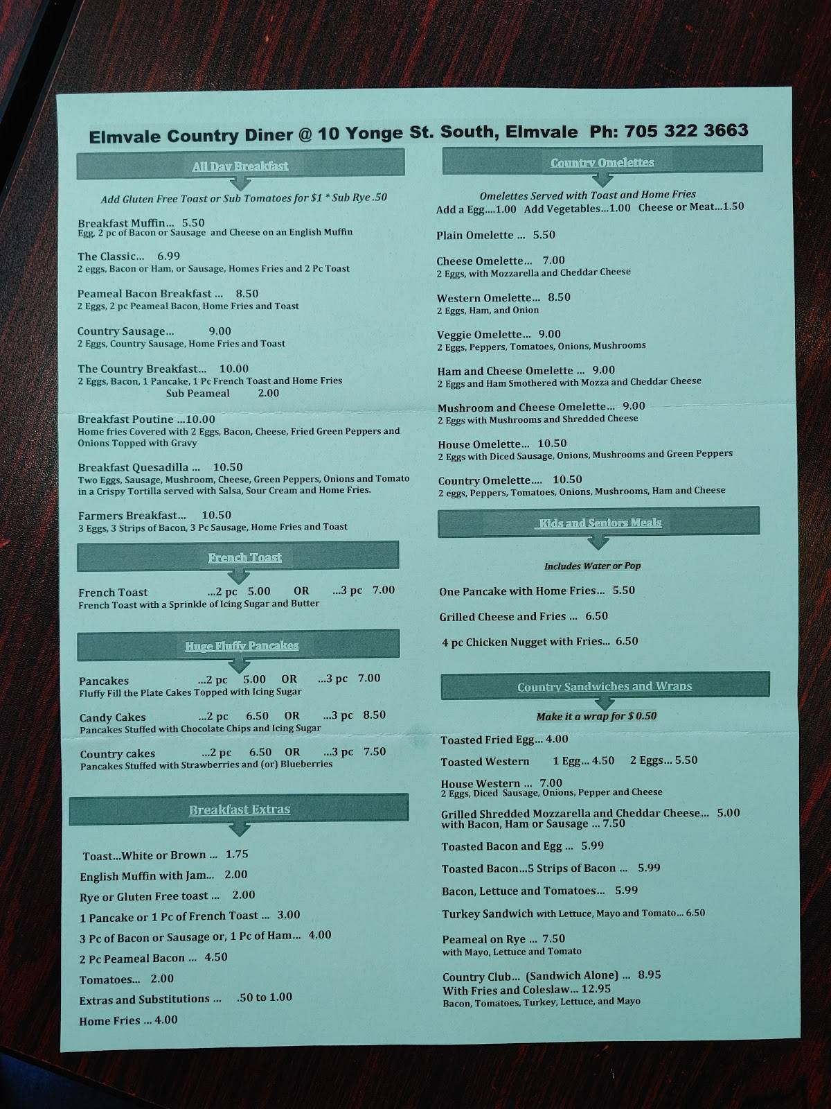 Menu at The Country Diner fast food, Elmvale