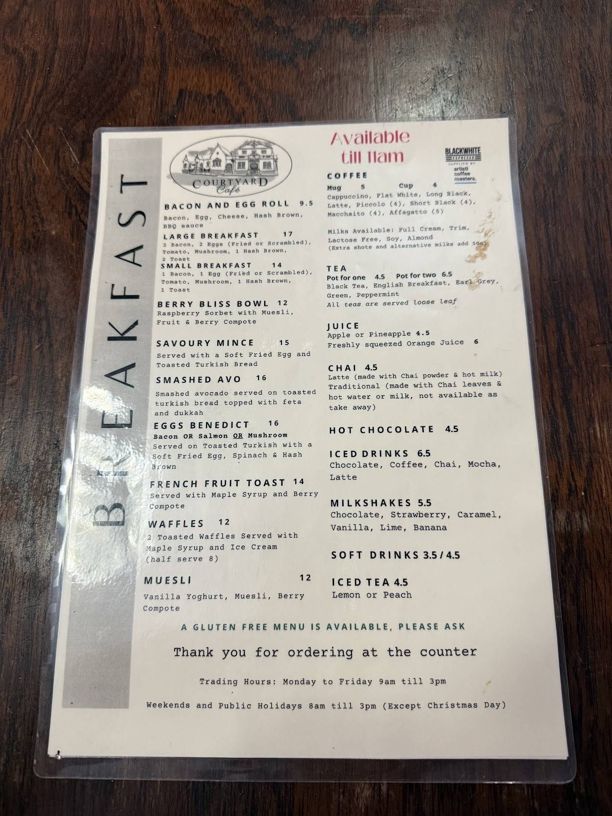 Menu at The Courtyard Cafe, Tenterfield