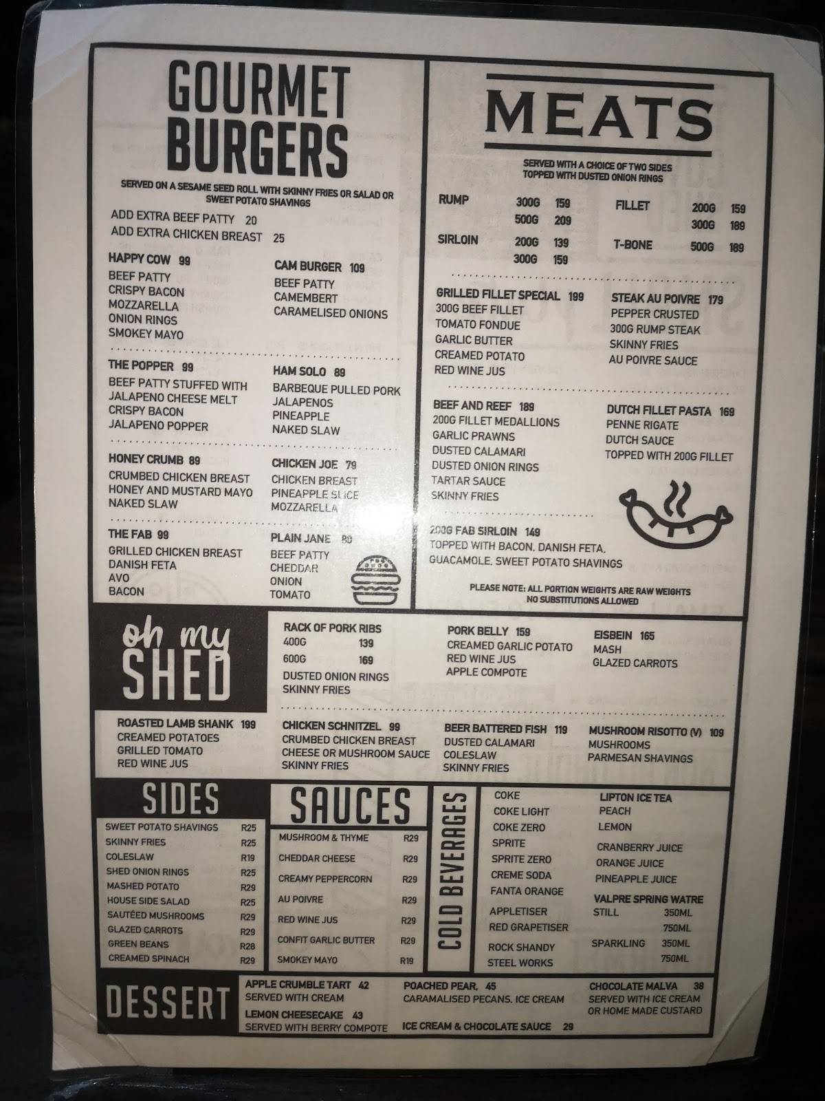 Menu at The Cow and Milk Shed restaurant, East London