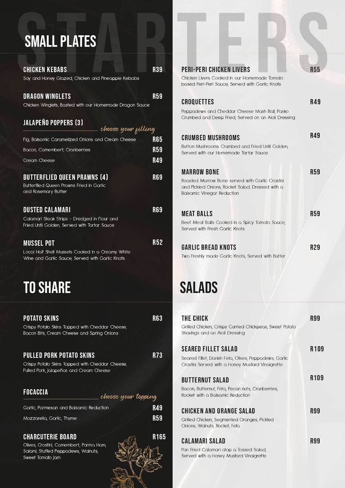 Menu at The Cow and Milk Shed restaurant, East London