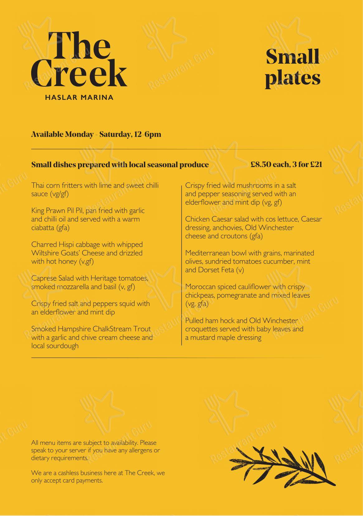 Menu at The Creek at Haslar Marina restaurant, Gosport