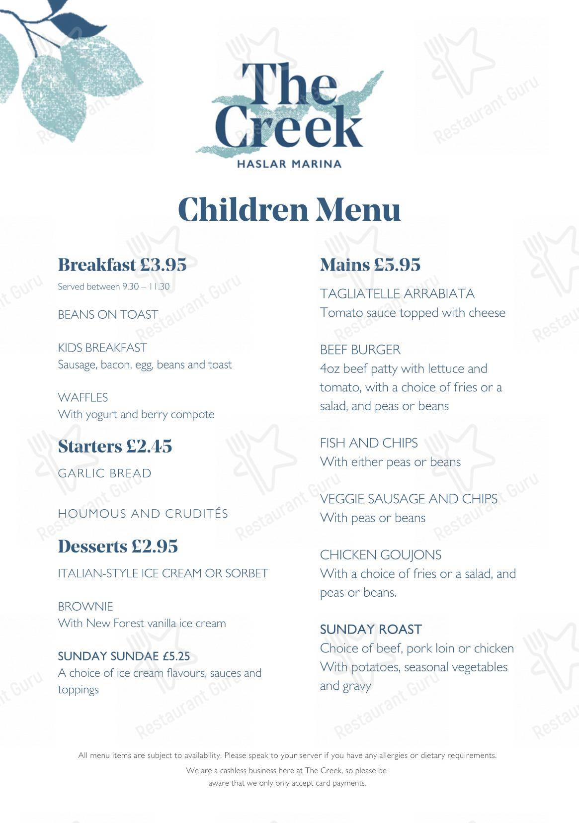 Menu at The Creek at Haslar Marina restaurant, Gosport