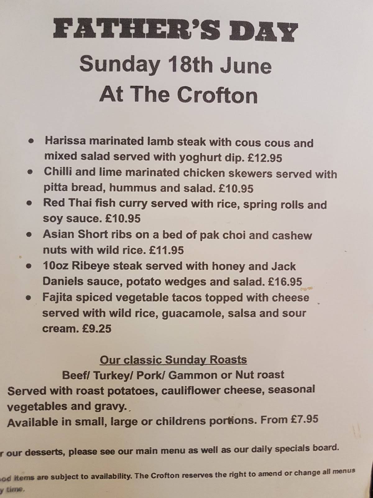 Menu at The Crofton pub & bar, Fareham