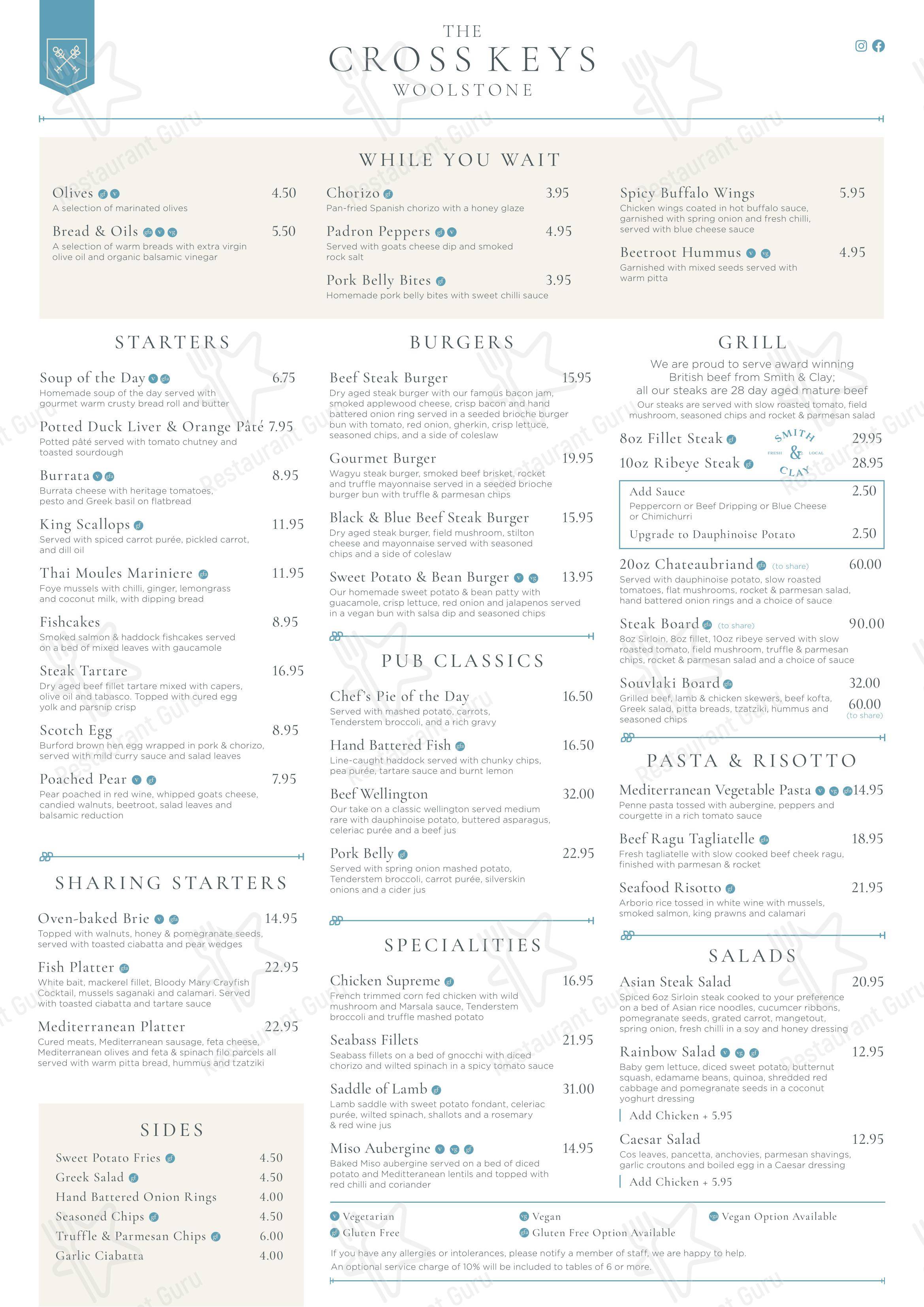Menu at The Cross Keys pub & bar, Milton Keynes