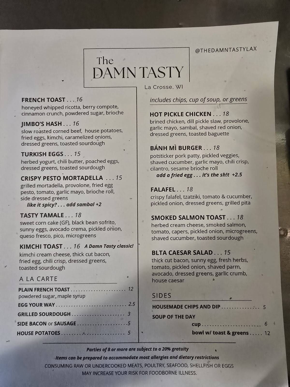 Menu at The DAMN TASTY restaurant, La Crosse