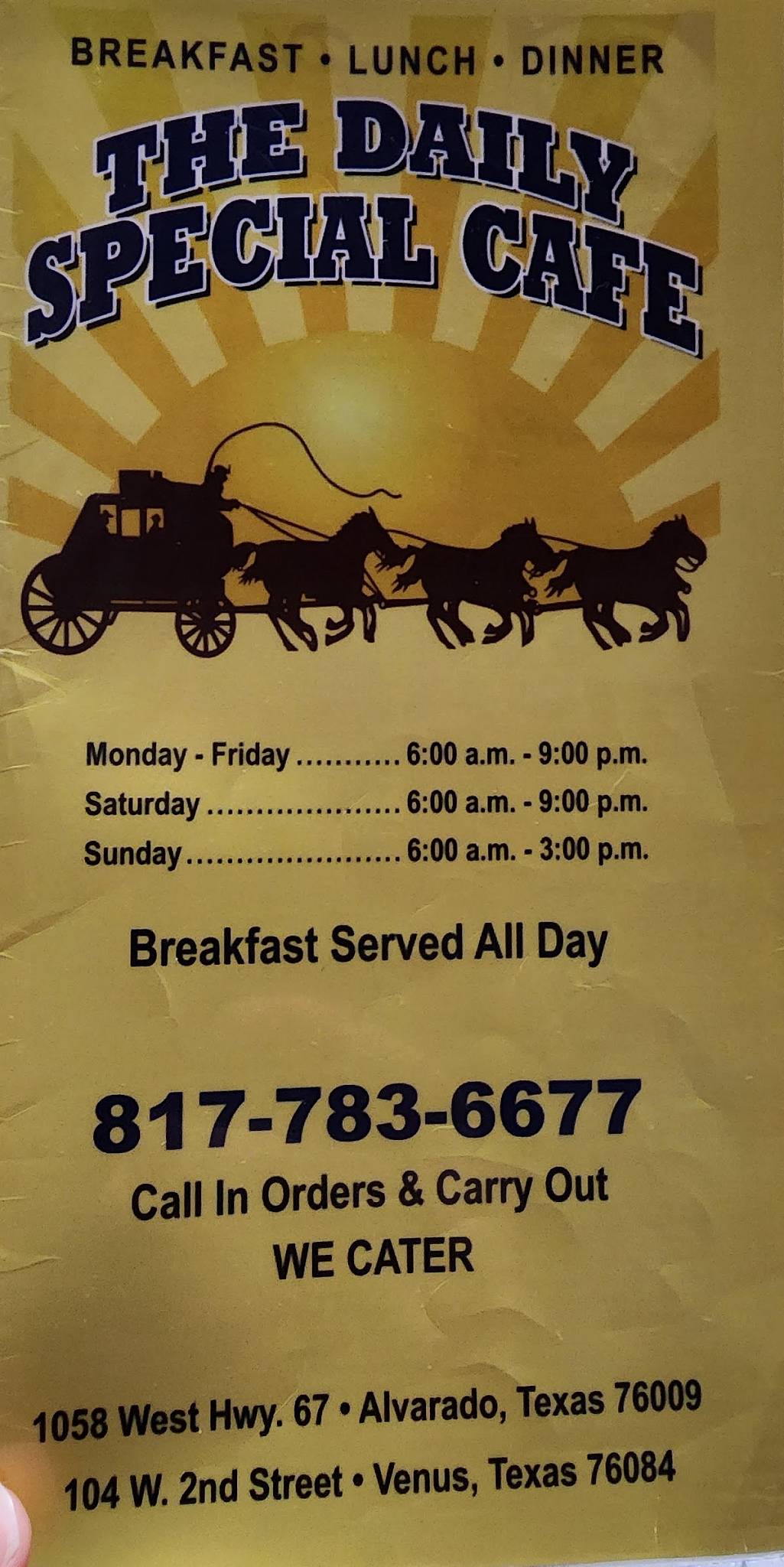 Menu at The Daily Special Cafe, Alvarado