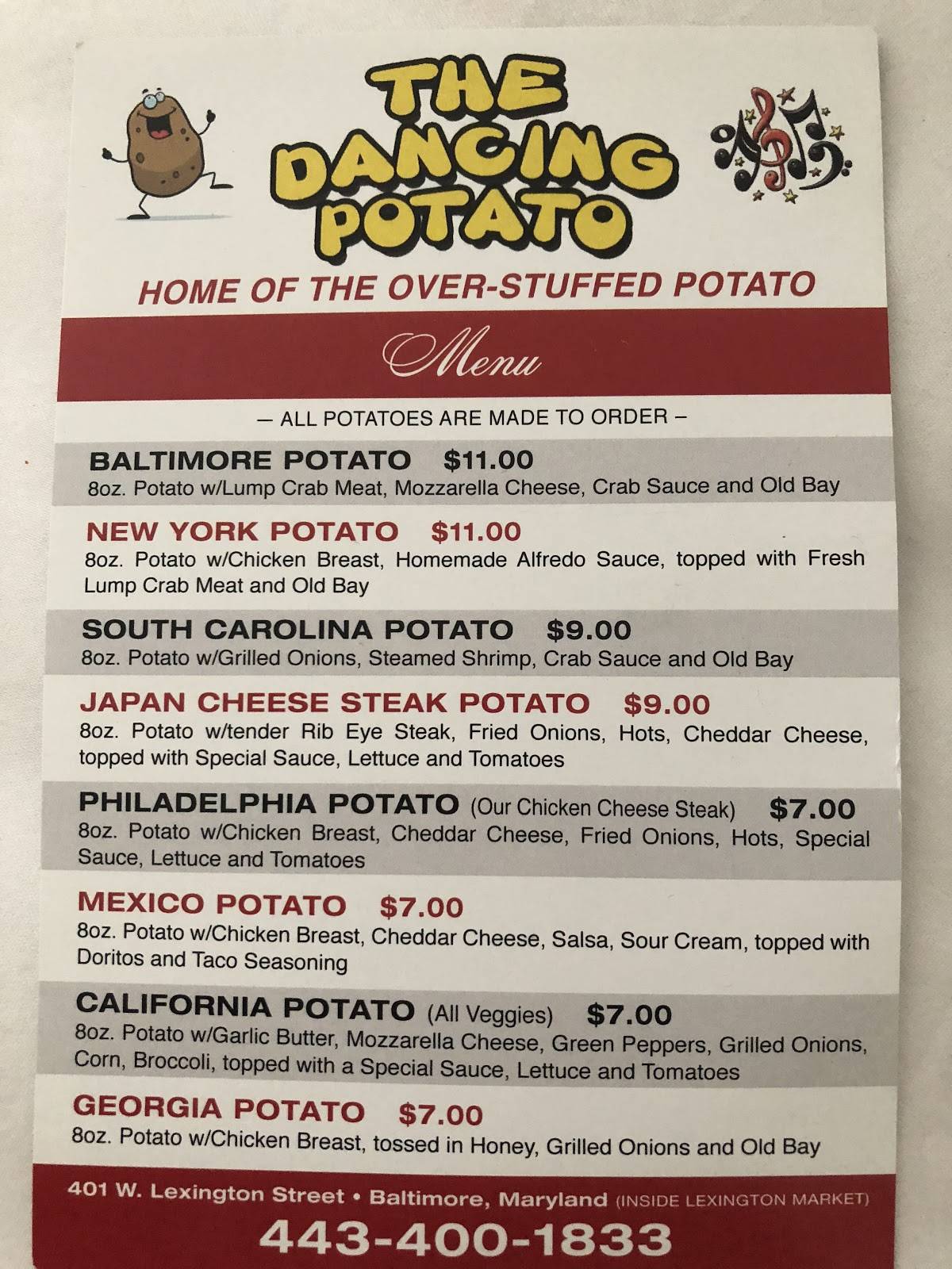 Menu at The Dancing Potato restaurant, Baltimore, 26 S Arlington Ave
