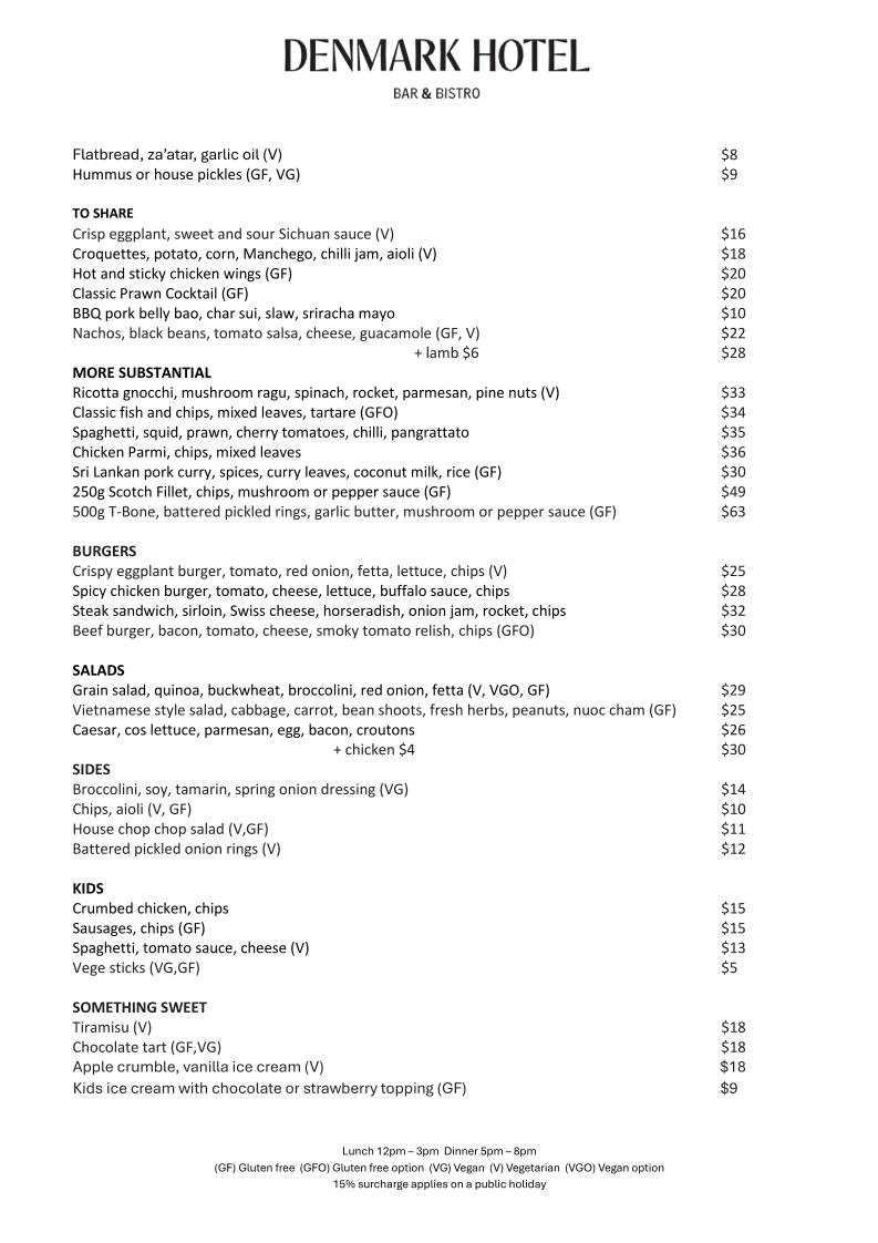 Menu at The Denmark Hotel Bar & Bistro, Denmark