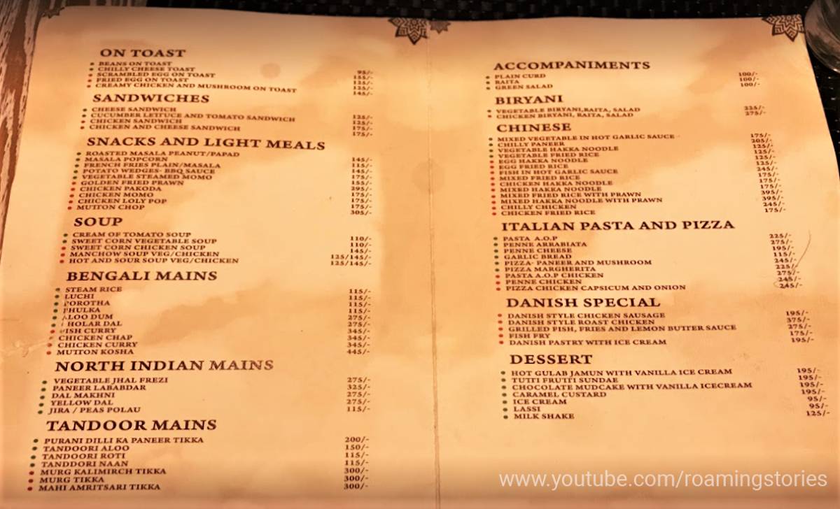 Menu at The Denmark Tavern, Kolkata