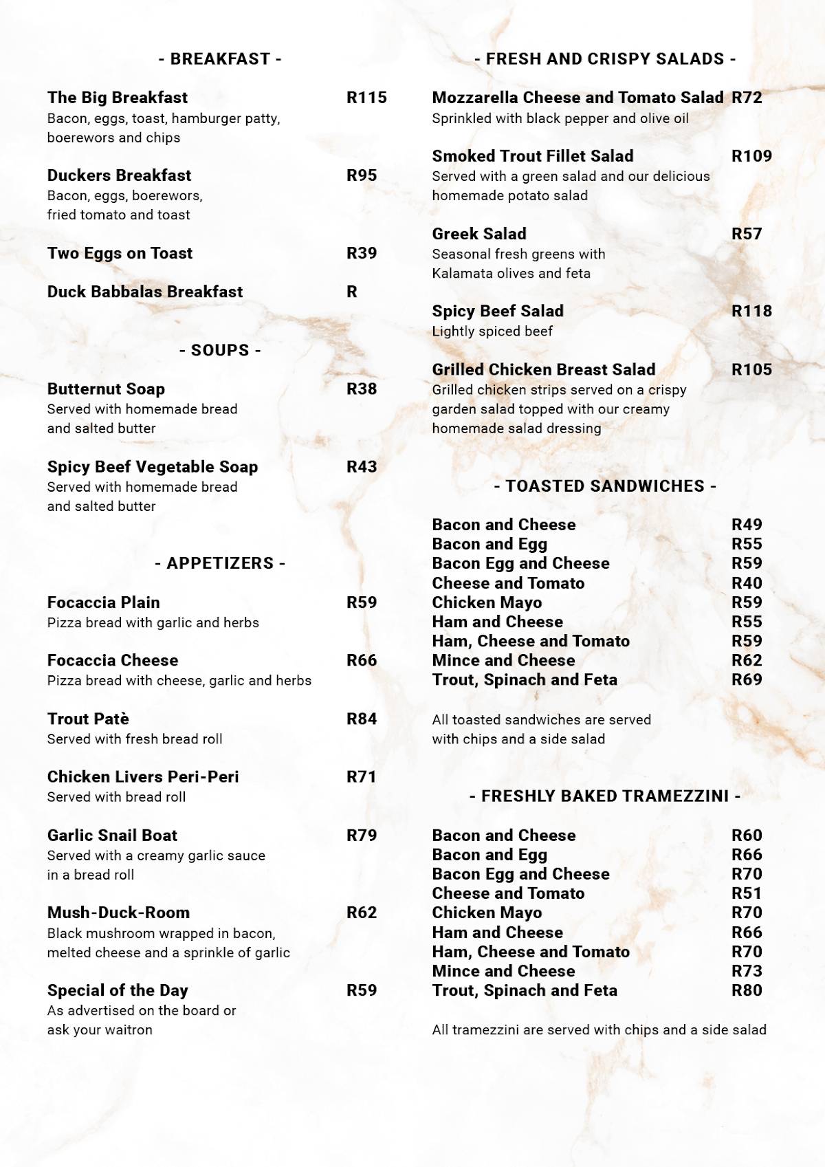 Menu at The Duck & Trout restaurant, Dullstroom