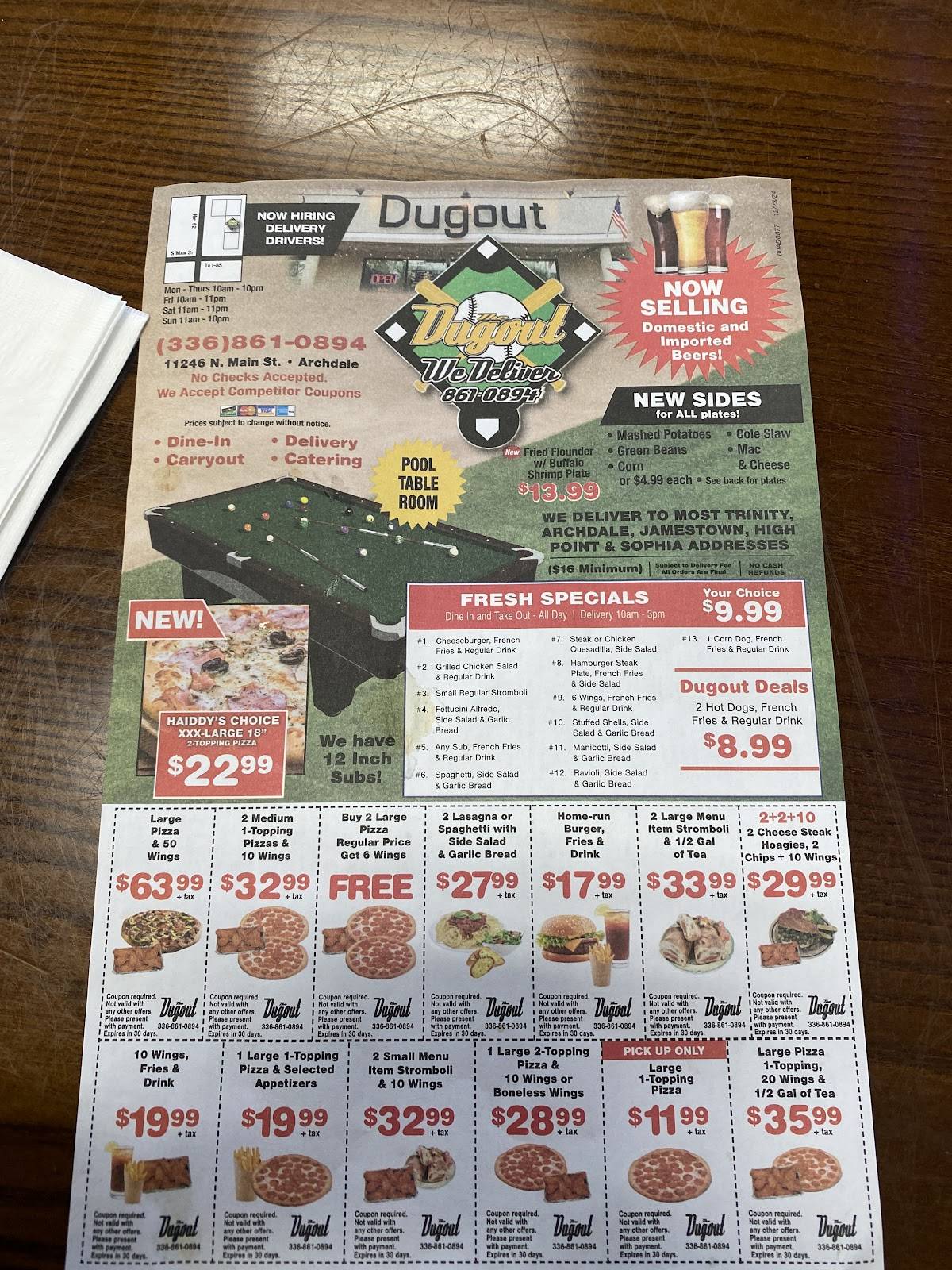 Menu at The Dugout pizzeria, Archdale, N Main St