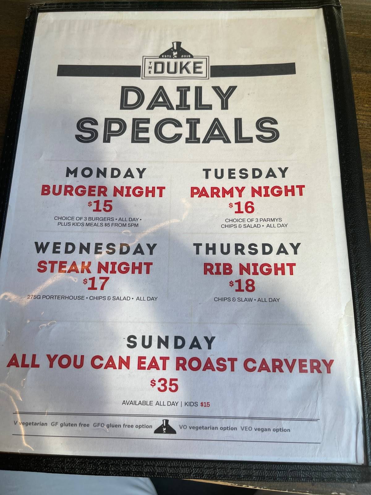 Menu at The Duke Bar and Bistro, Carramar