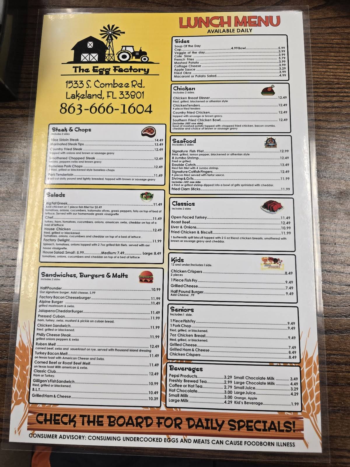 Menu at The Egg Factory restaurant, Lakeland, S Combee Rd