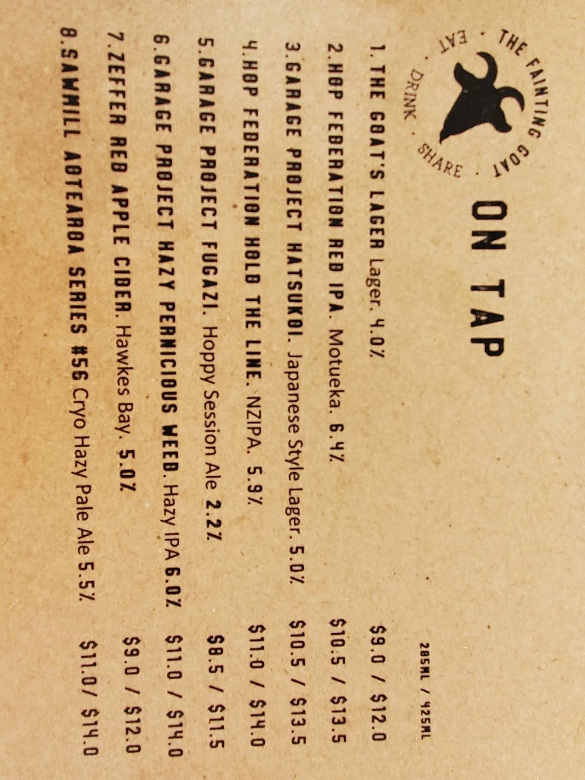 Menu at The Fainting Goat pub & bar, Rotorua