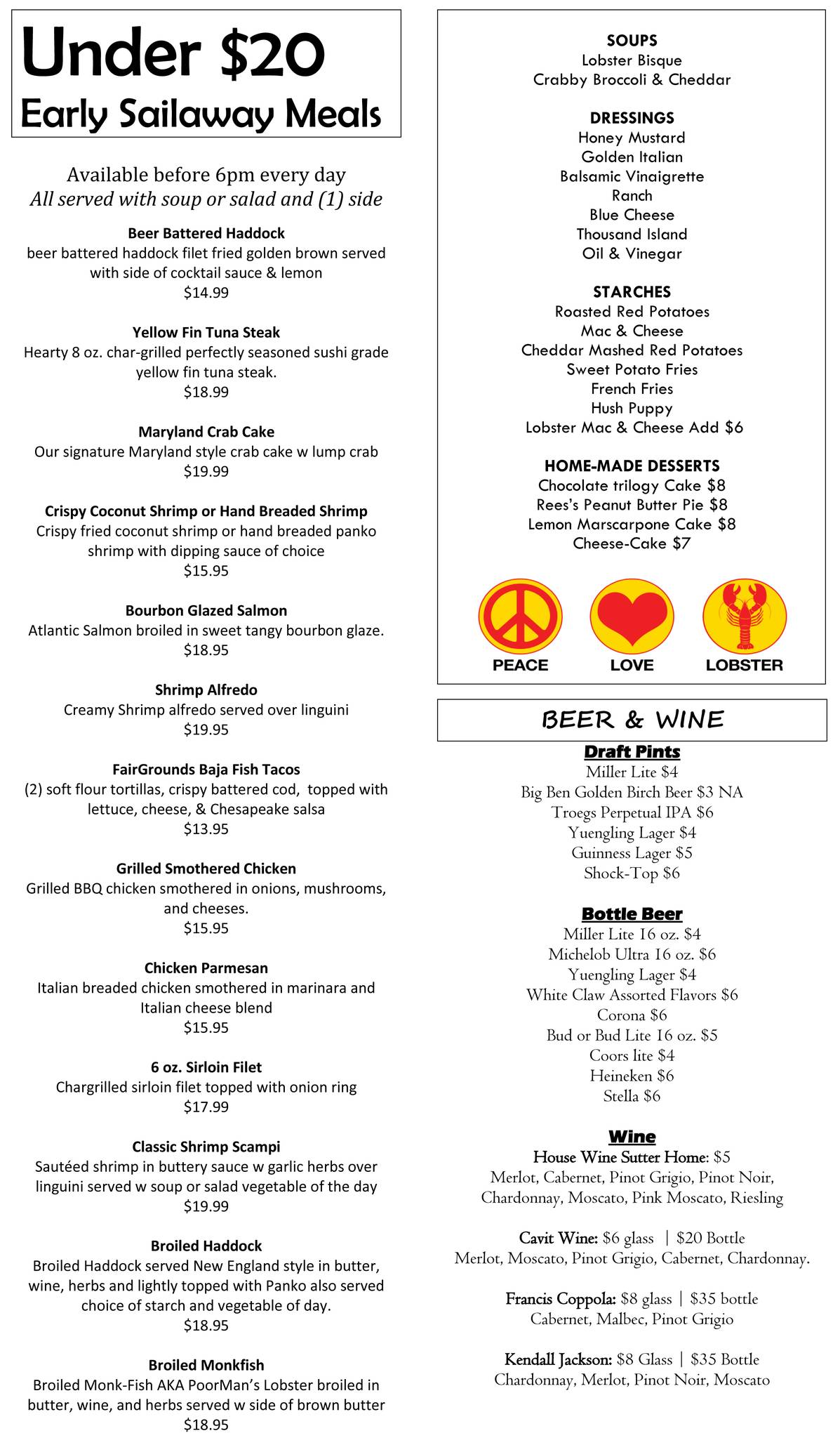 Menu at The Fairgrounds Hotel restaurant, Allentown