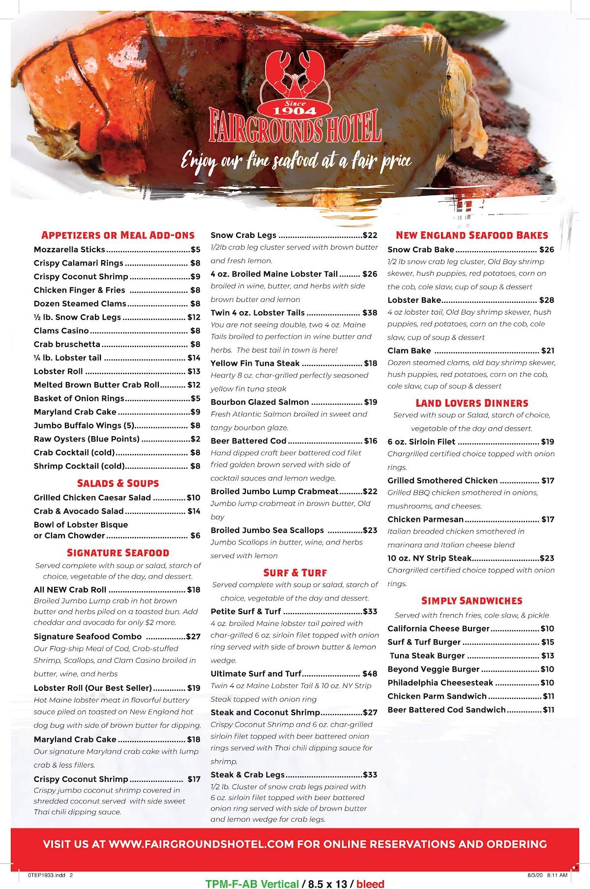 Menu at The Fairgrounds Hotel restaurant, Allentown