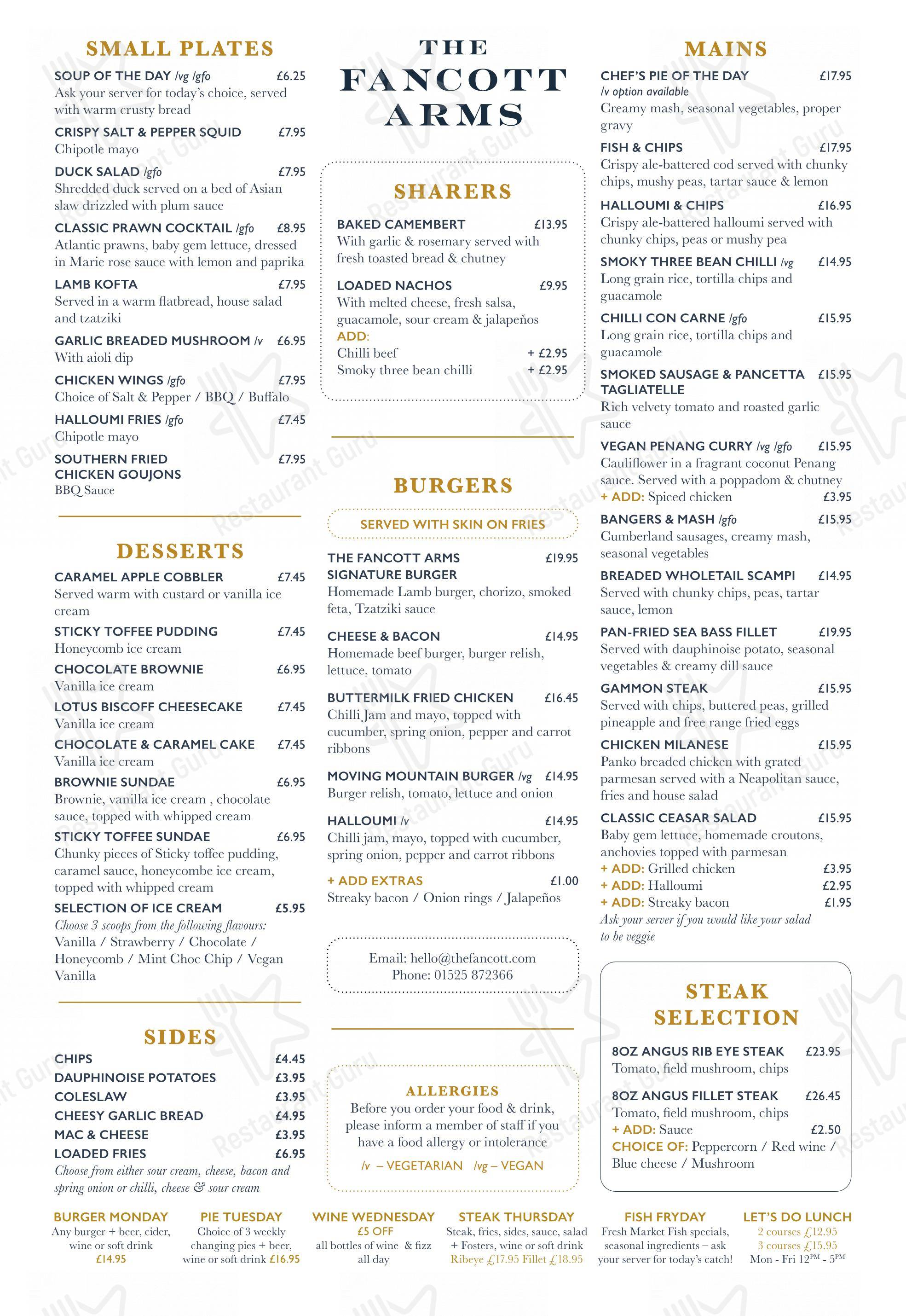 Menu at The Fancott pub & bar, Luton