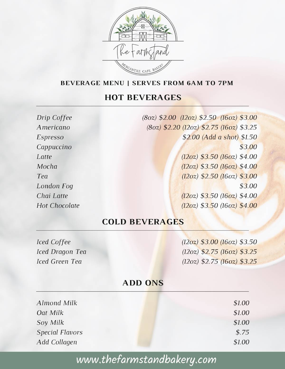Carta del café The Farmstand, Shavertown