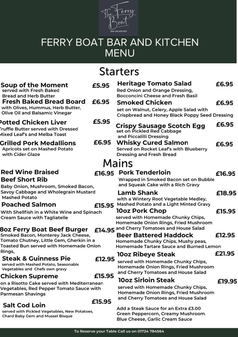 Menu at The Ferry Boat Bar and Kitchen, Scunthorpe