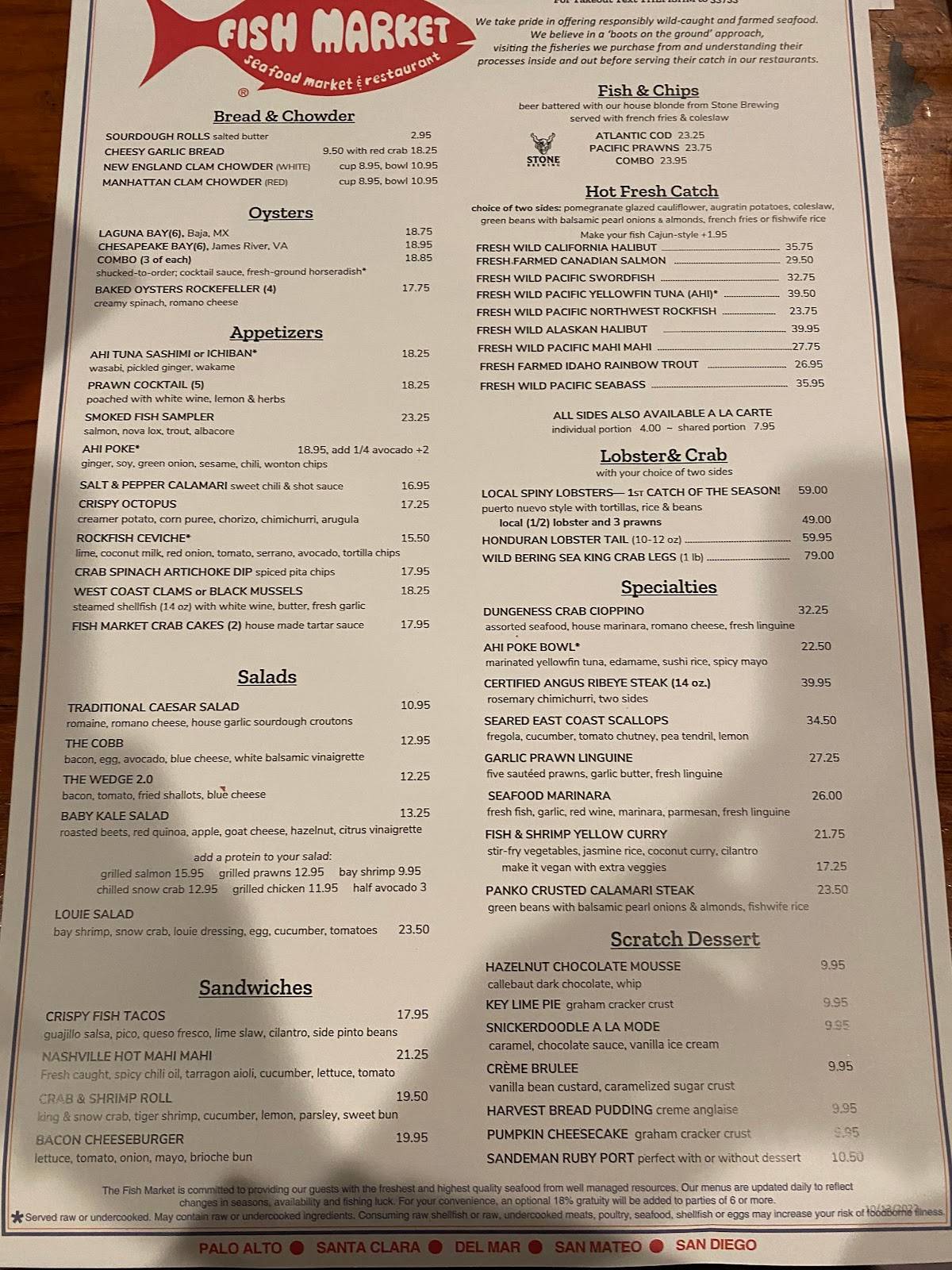 Menu at The Fish Market - San Diego restaurant, San Diego, 750 N Harbor Dr