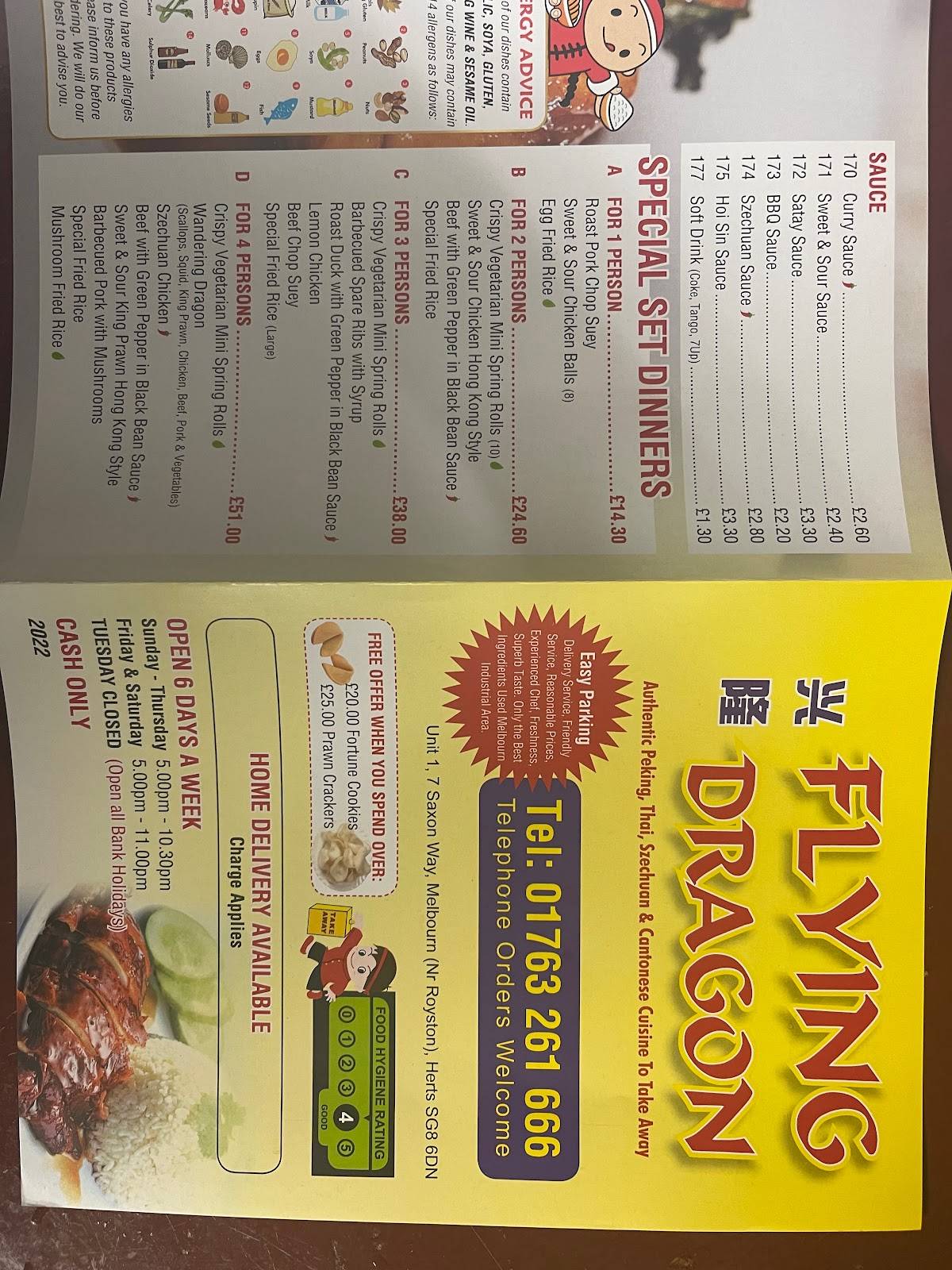 Menu at The Flying Dragon restaurant, Royston