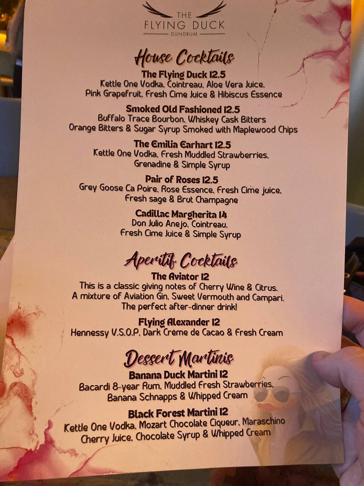 Menu at The Flying Duck restaurant, Dublin