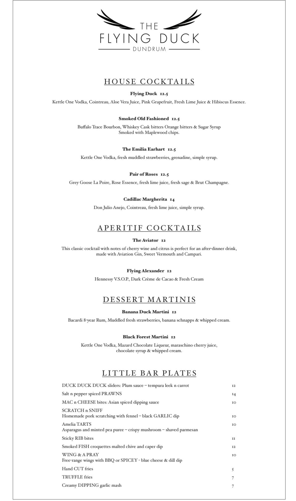 Menu at The Flying Duck restaurant, Dublin