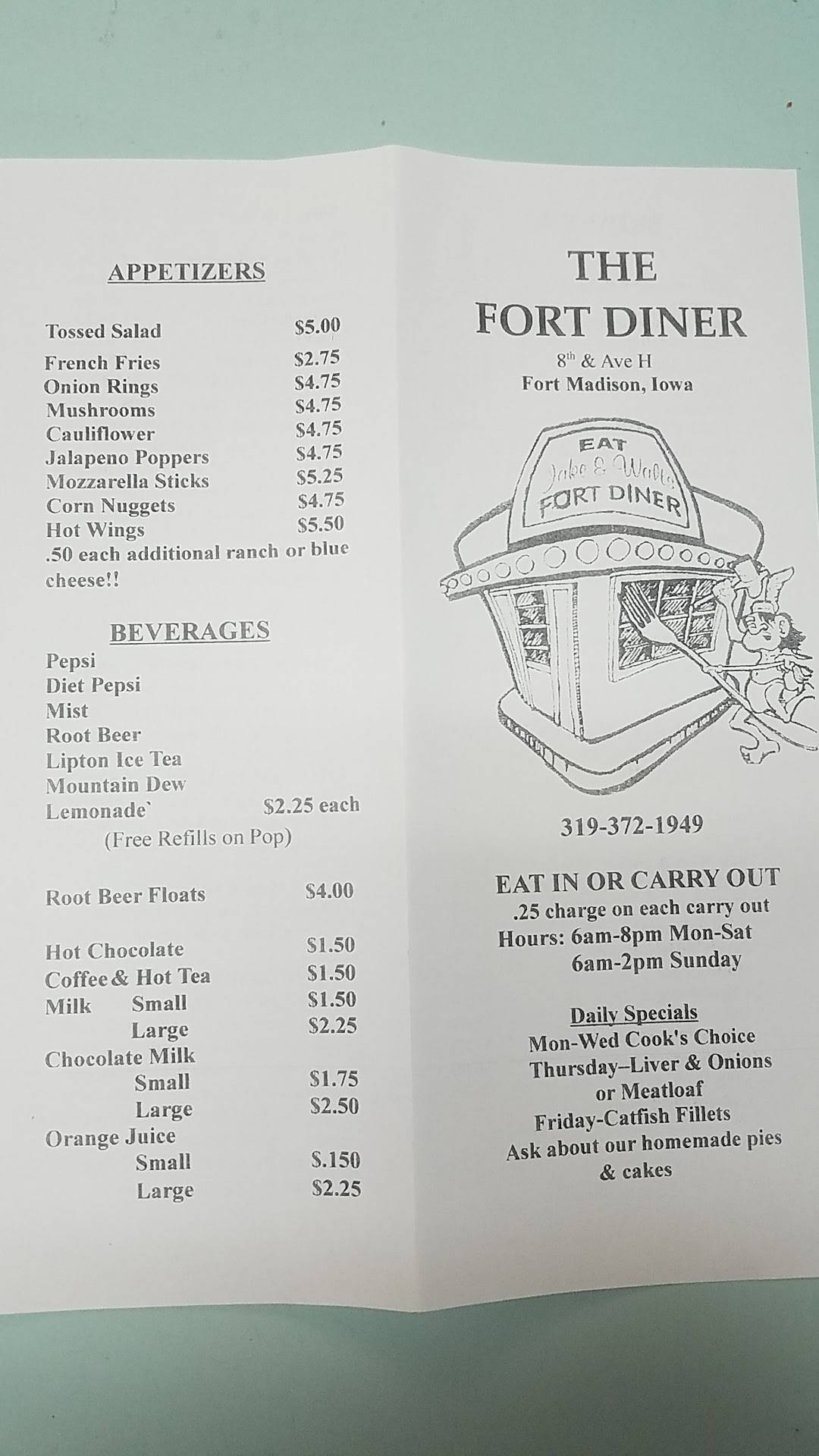 Menu at The Fort Diner restaurant, Fort Madison