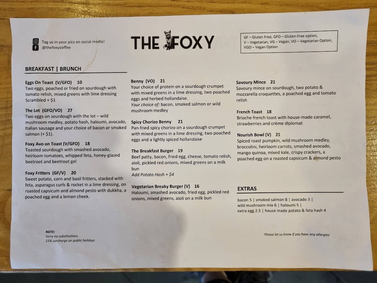 Menu at The Foxy Coffee cafe, Loganholme, Shop 1A/37/59 Bryants Rd