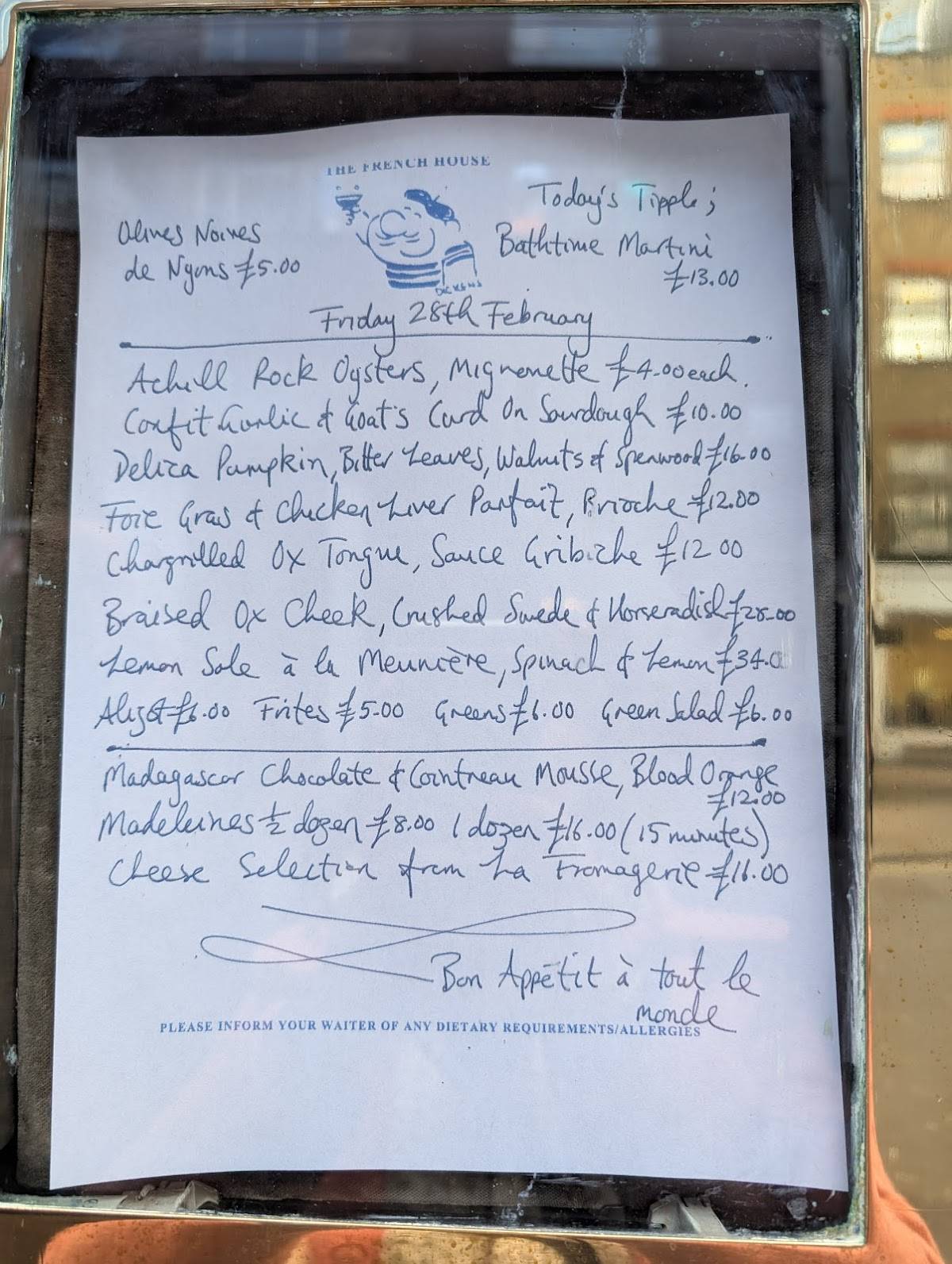 Menu at The French House pub & bar, London, 49 Dean St