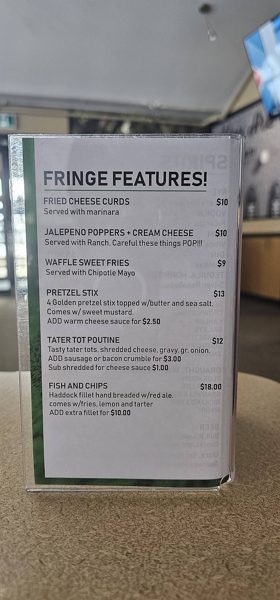 Menu at The Fringe Restaurant and Lounge, Shilo