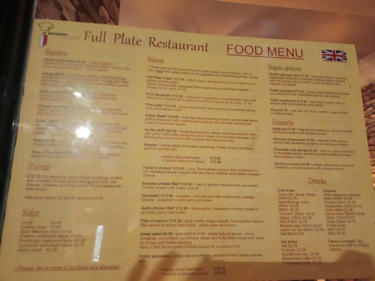 Menu at The Full Plate Restaurant, Bournemouth