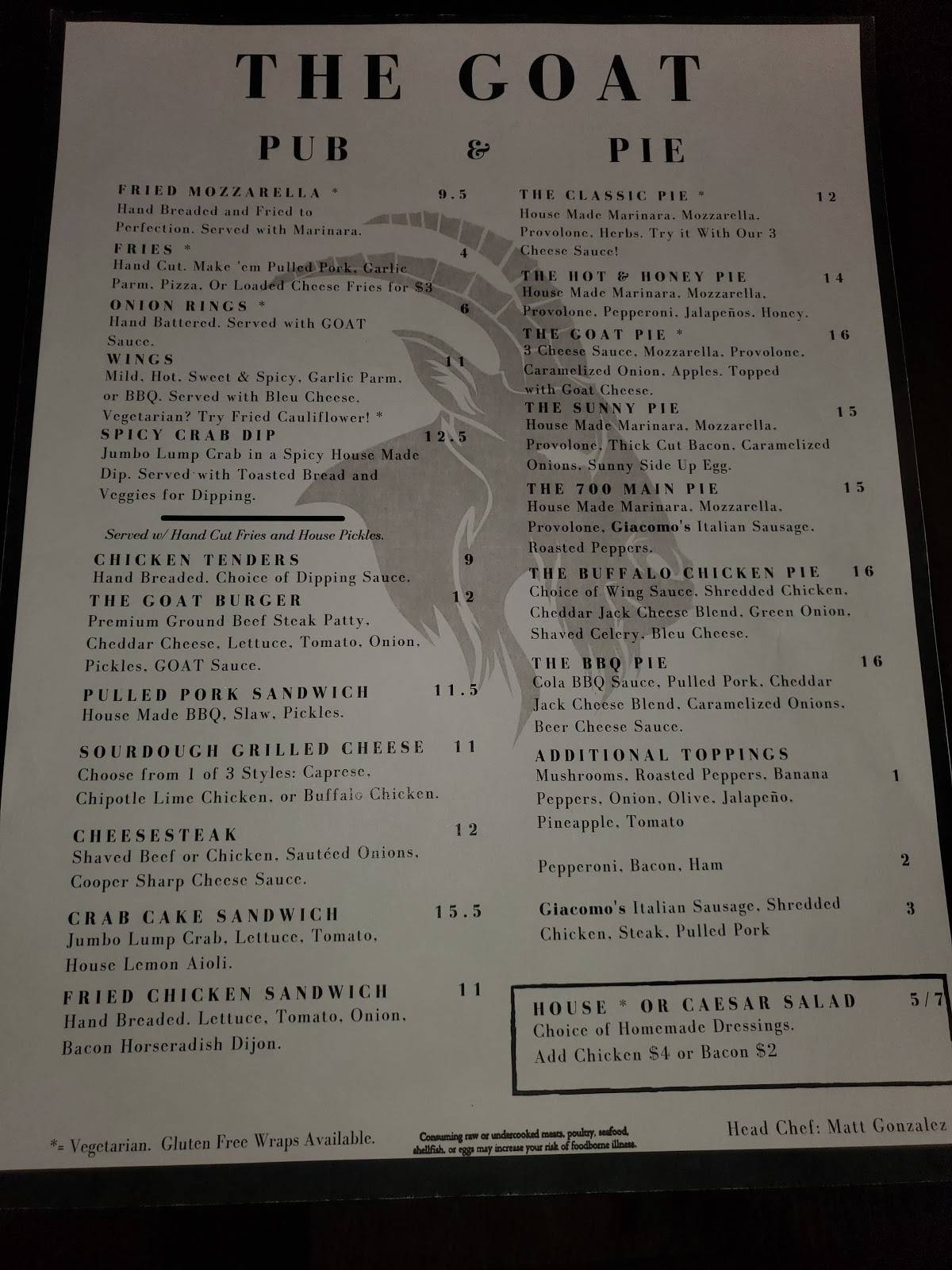 Menu at The GOAT Pub & Pie, Stockertown
