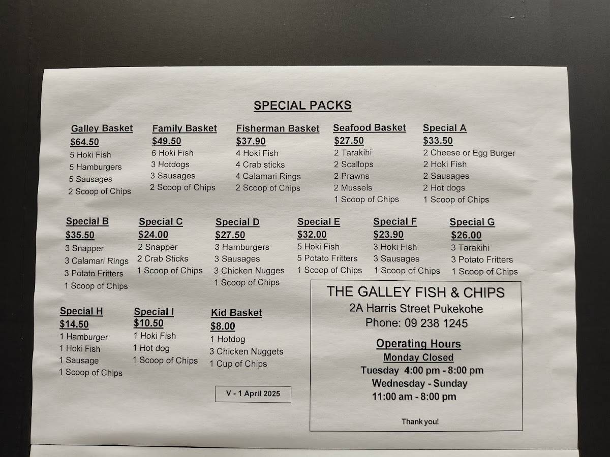 Menu at The Galley Fish N Chips restaurant, Pukekohe
