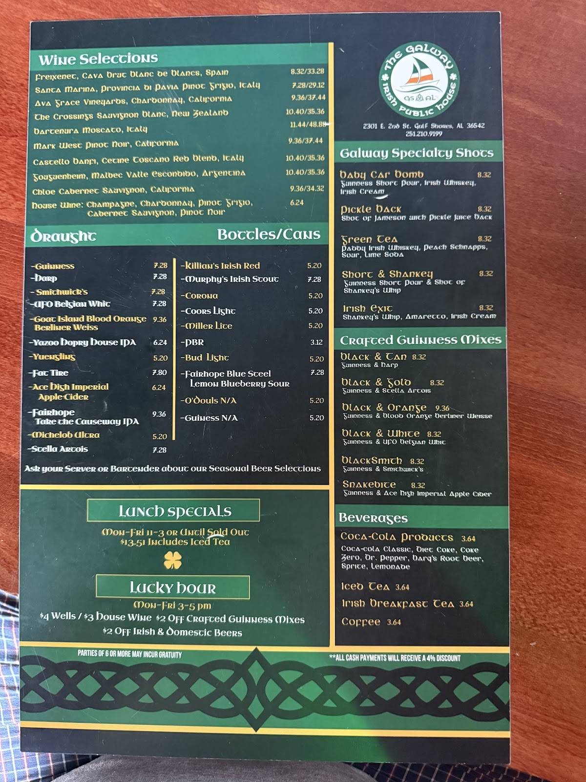 Menu at The Galway Irish Public House, Gulf Shores