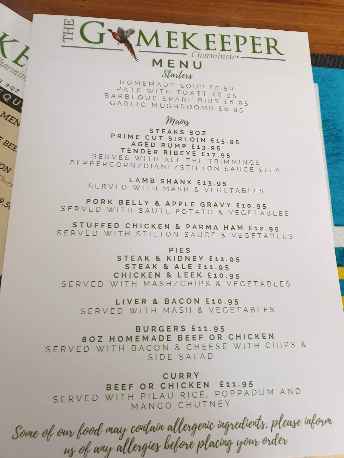 Menu at The Gamekeeper pub & bar, Dorchester